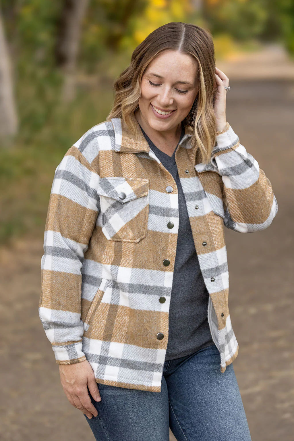 Norah Plaid Shacket (Camel) – Aspen Lace Boutique
